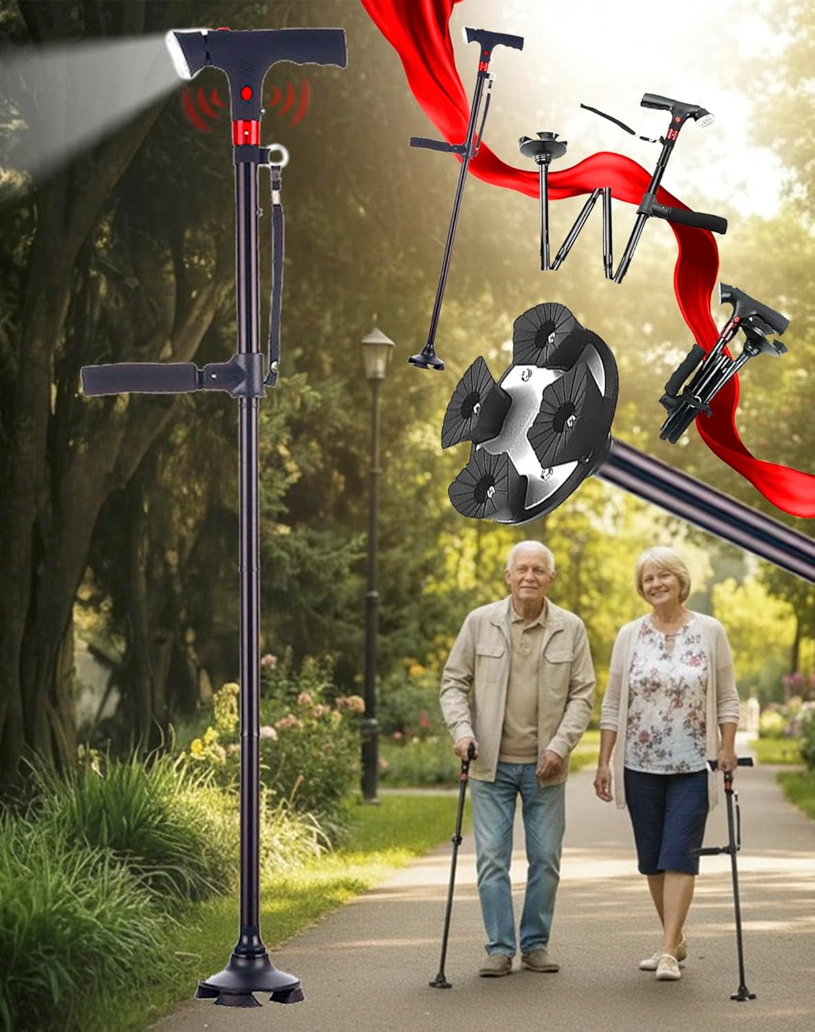 Walking Cane LED Light & Alarm, Adjustable Folding Quad Cane for ...