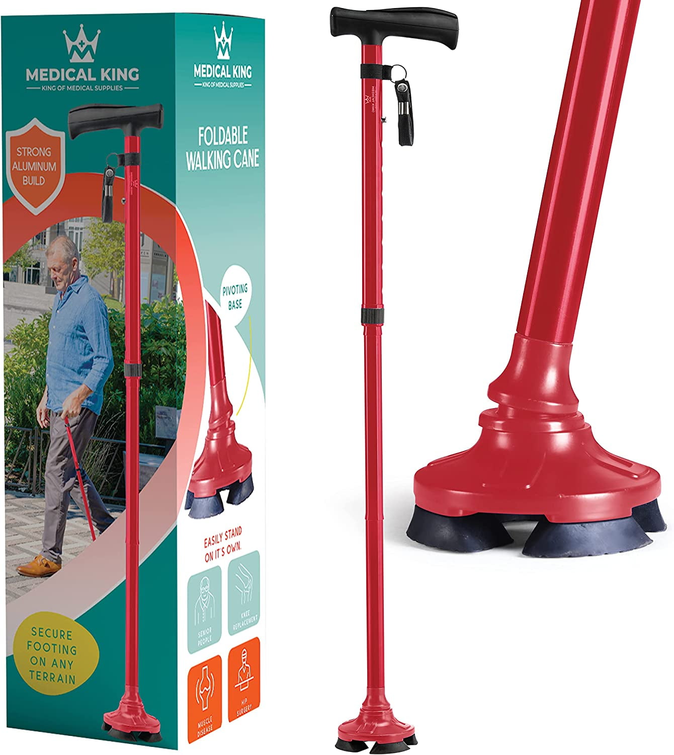 MedicalKingUsa Portable Quad Base Walking Cane - Self-Standing ...