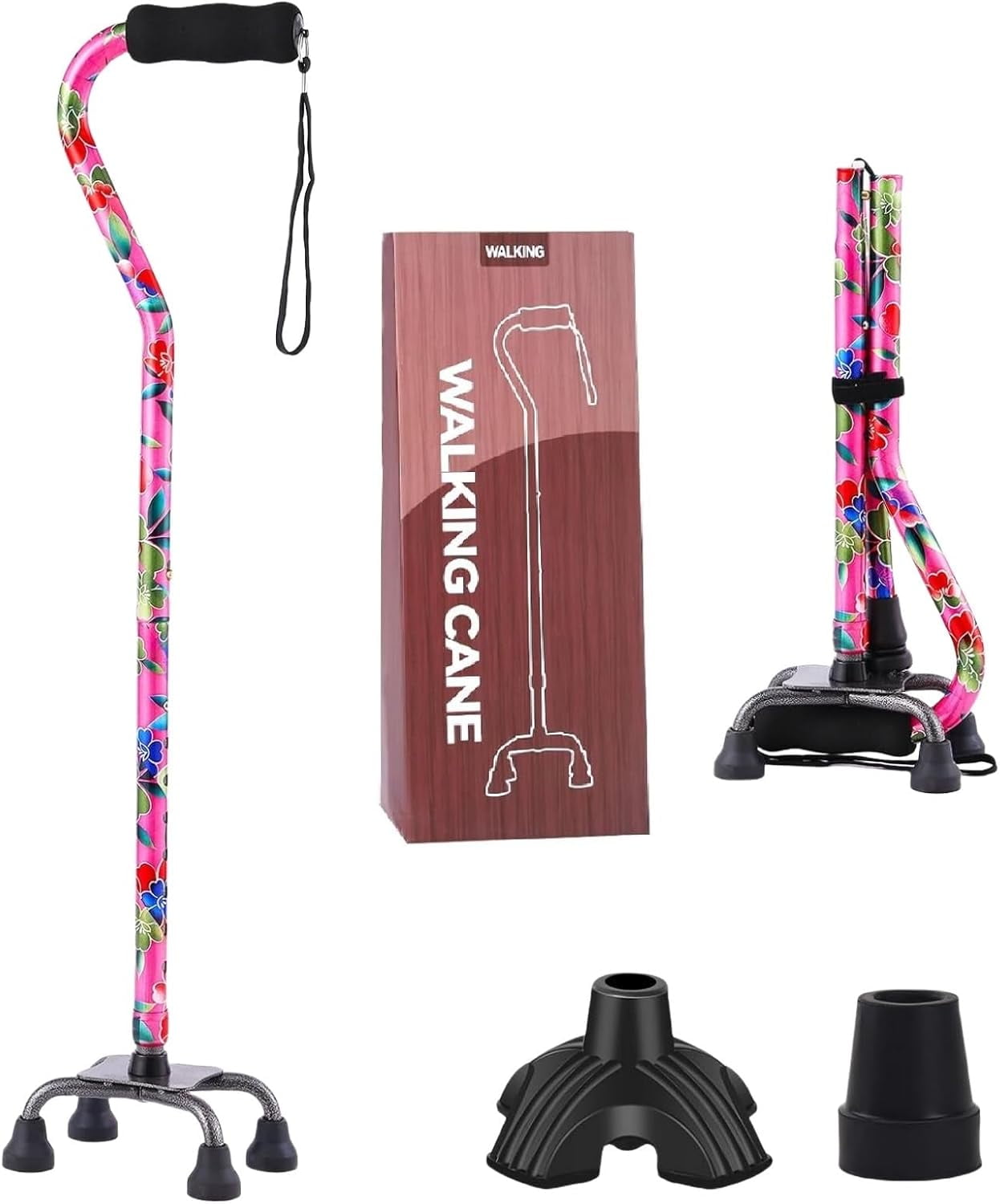 Walking Cane for Women & Men, Folding Offset Quad Cane with 4 Pronged Base for Extra Stability ...