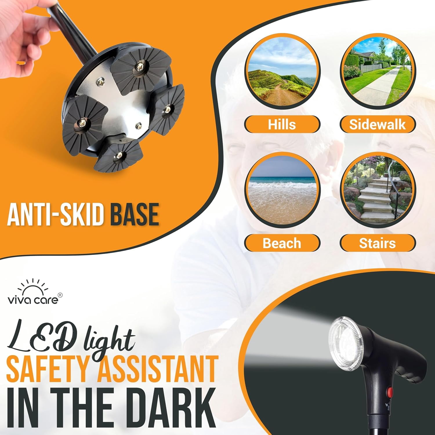Walking Cane with Light & Alarm - Foldable, Adjustable, Lightweight ...