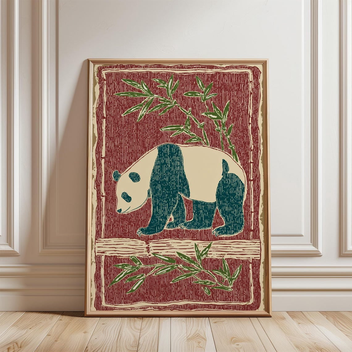 Walking Panda and Bamboo Folk Woodcut Teal and Red Animal Wall Decor ...