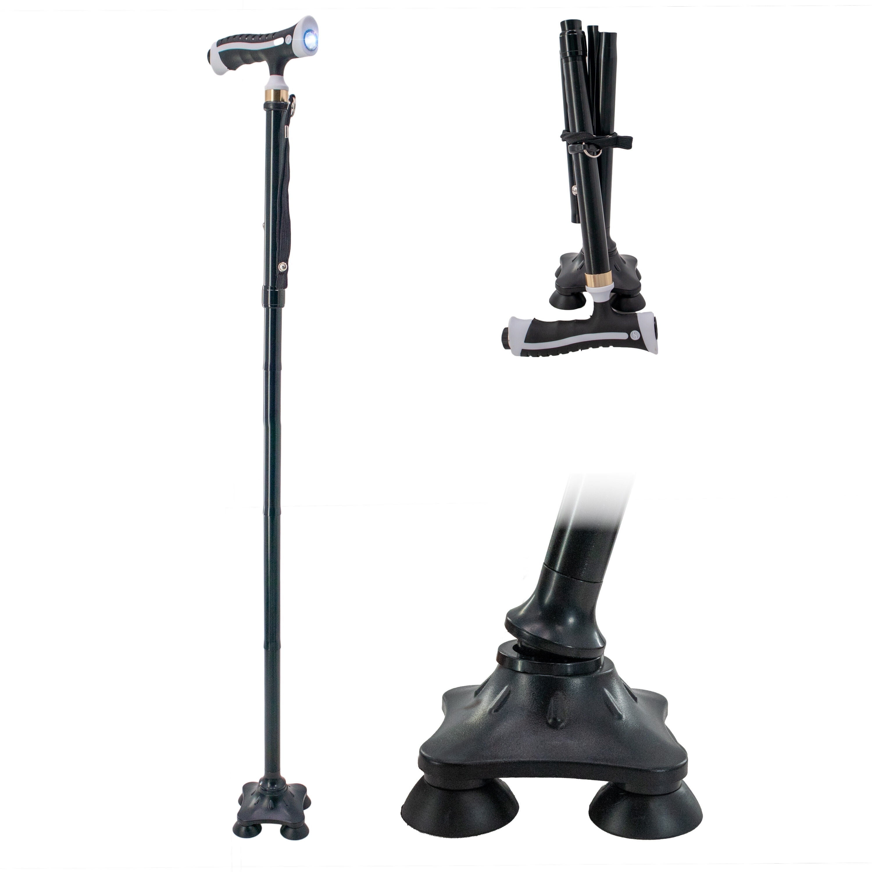 Walking Stick Cane Folding with LED Light, Quad Pivoting Base and ...
