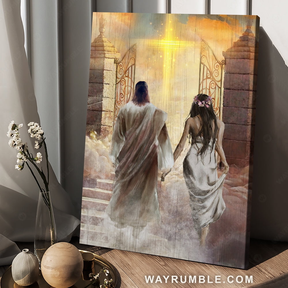 Walking With Jesus, The Way To Heaven, Yellow Cross, Beautiful Heaven - Jesus Portrait Poster ...