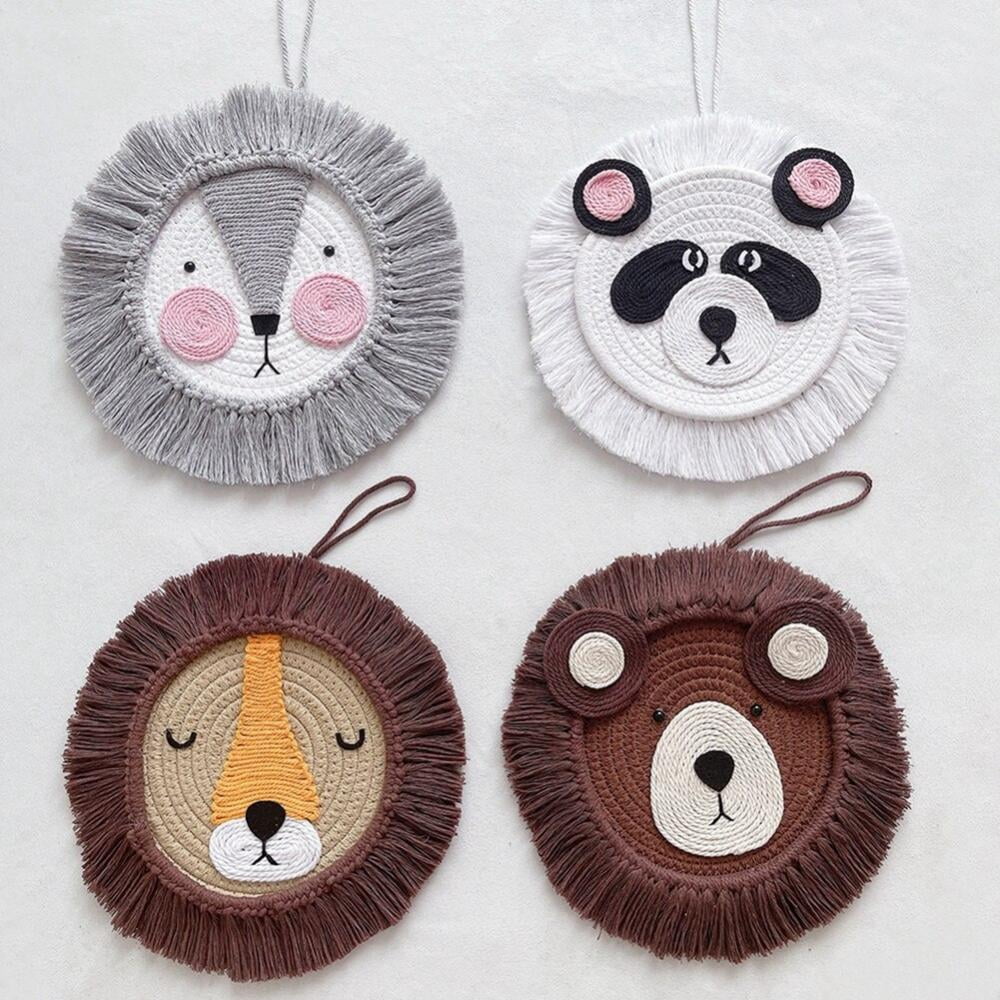 Wall Art Animal Head Hand Knitted Cartoon Tassel Beard Macrame Pendant ...