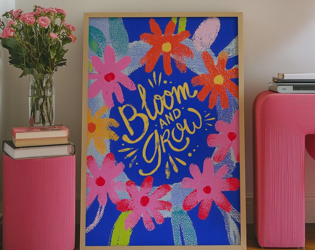 Wall Art, Bloom And Grow Print, Danish Pastel Floral Quote, Girly ...