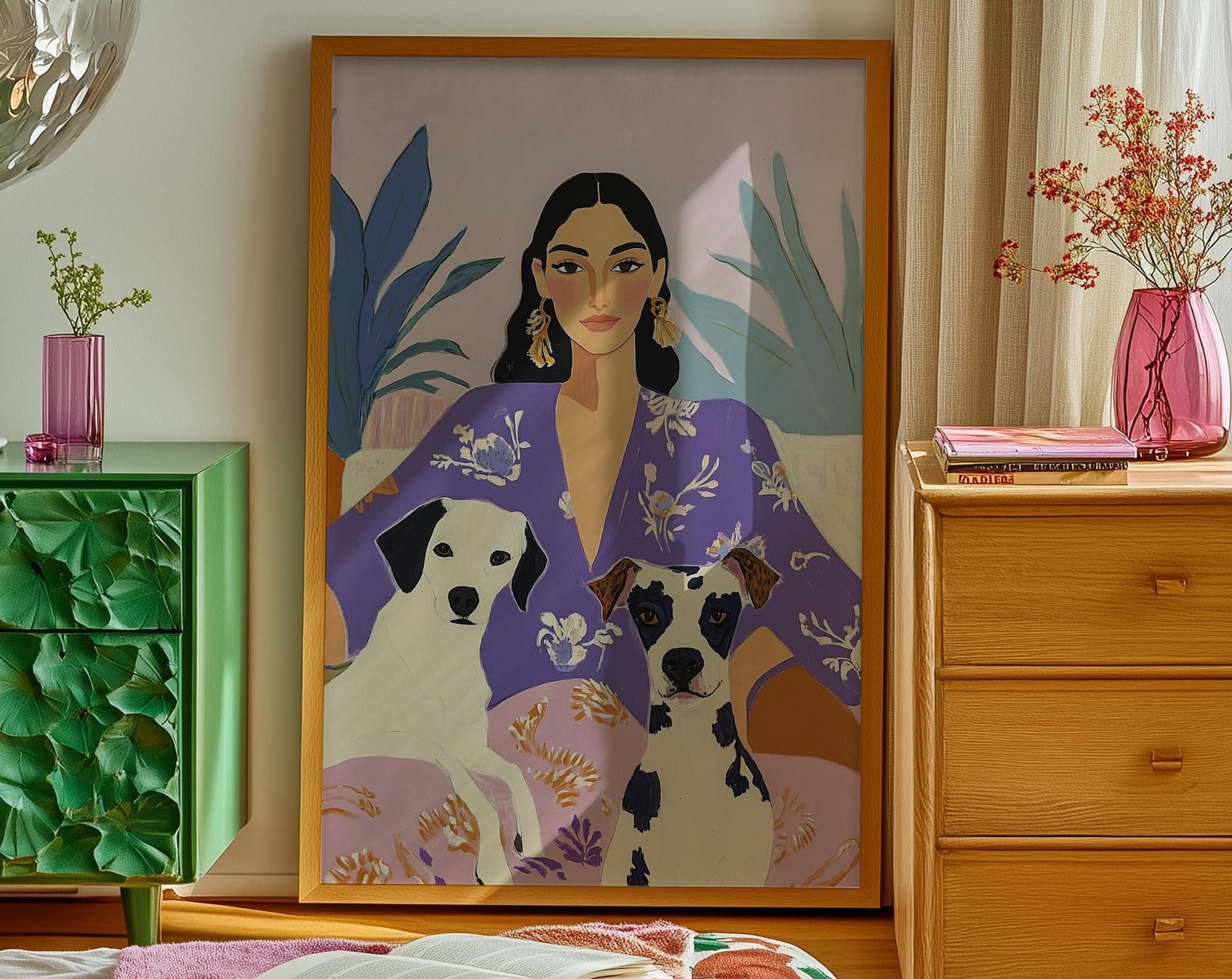 Wall Art, Boho Woman Portrait with Dogs, Modern Feminine Decor ...