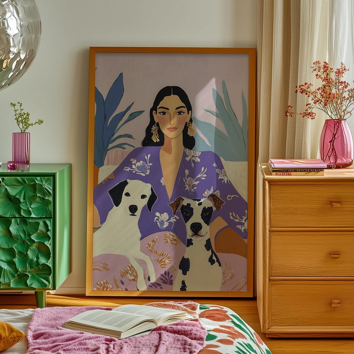 Wall Art, Boho Woman Portrait With Dogs, Modern Feminine Decor ...