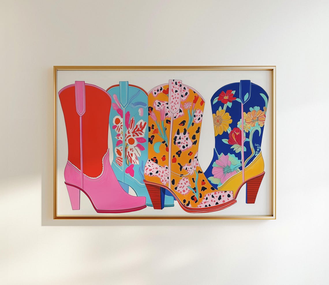 Wall Art, Colorful Cowboy Boot Poster, Eclectic Western Decor, Floral ...