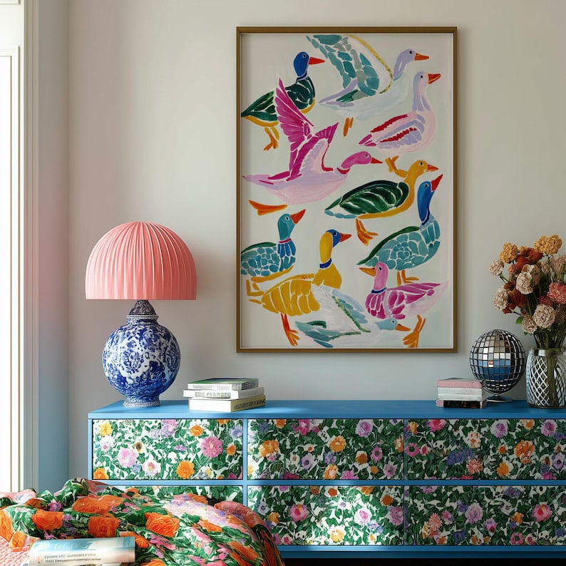 Wall Art Colorful Duck Print, Whimsical Cottagecore Kitchen Poster ...