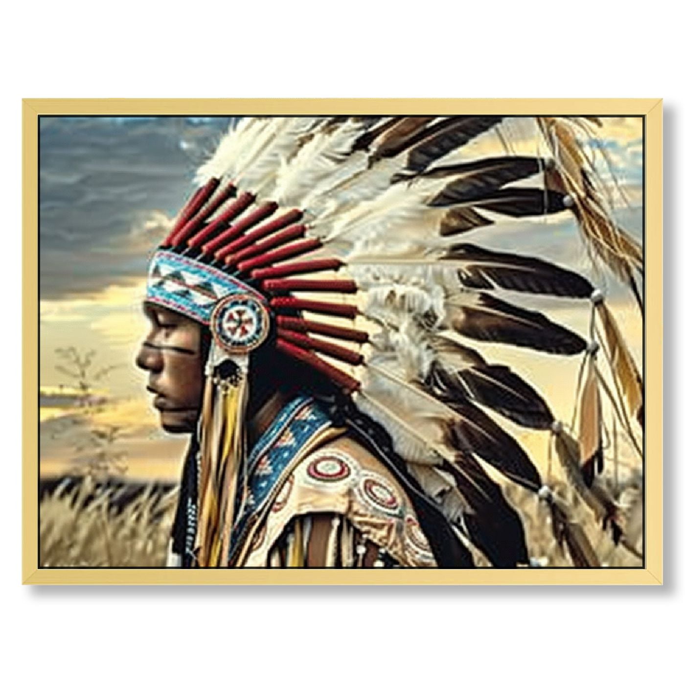 Wall Art Decor Feather Headdress Canvas Painting Picture Framed Tribal ...