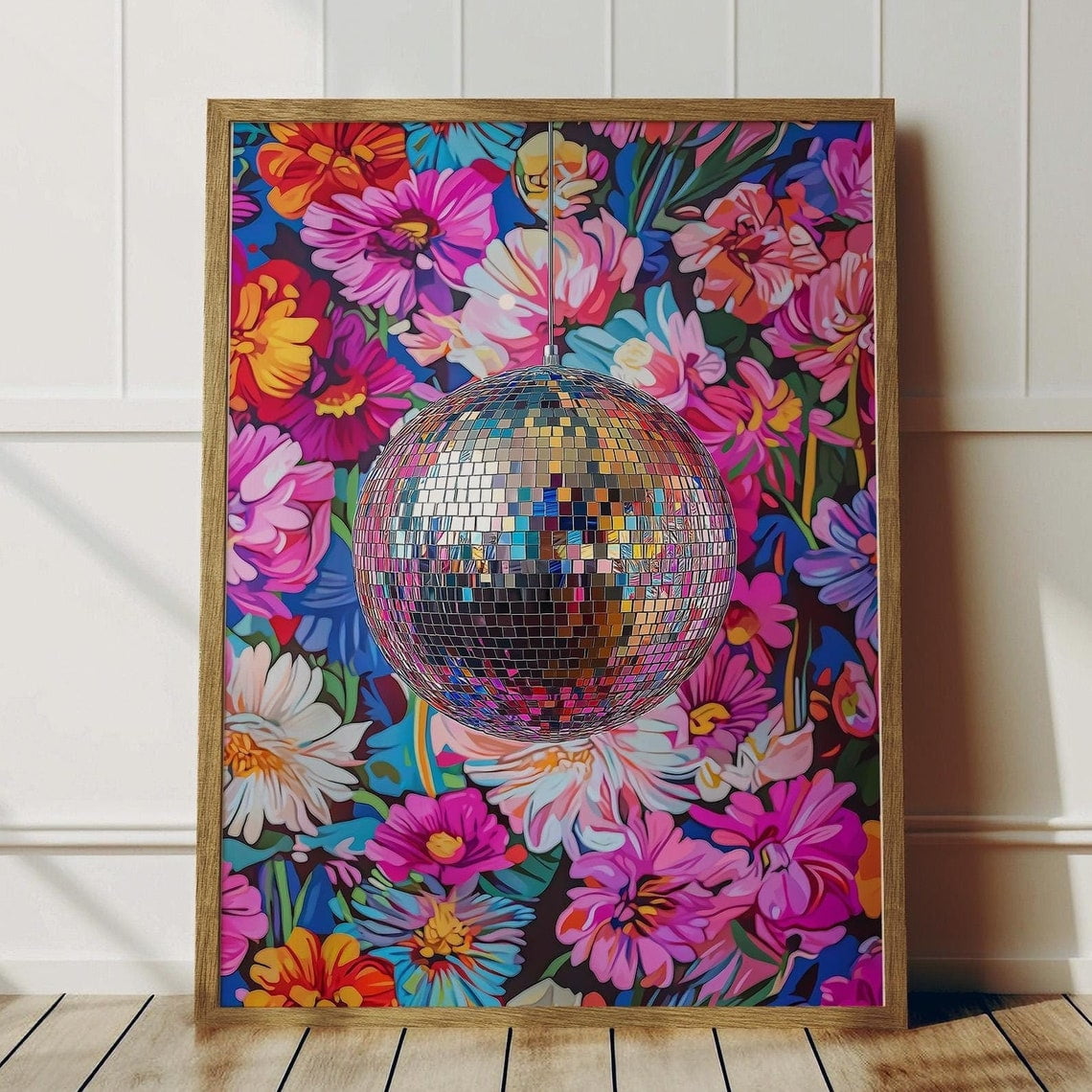 Wall Art, Disco Ball Maximalist Painting, Vivid Bold Dopamine Botanical ...