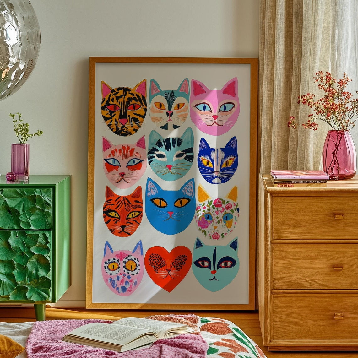 Wall Art, Eclectic Cat Prints, Dopamine Bedroom Decor, Maximalist Cat ...