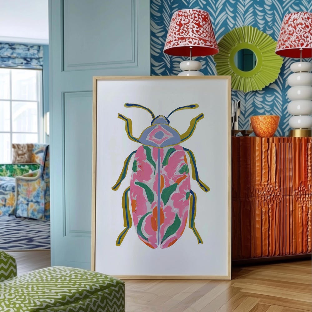 Wall Art, Floral Beetle Print, Art Decor, Pink Green Bug Illustration ...