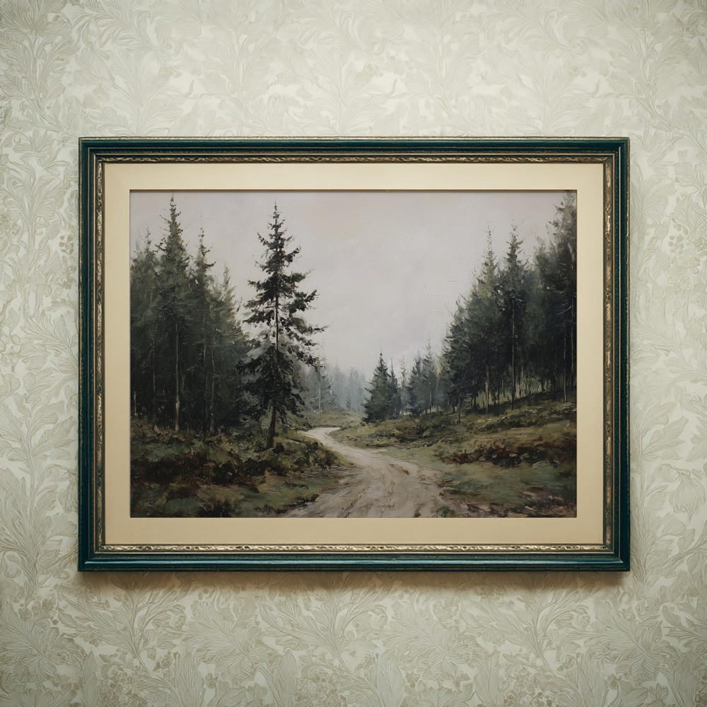 Wall Art Foggy Pine Forest Painting Rustic Landscape Print Neutral ...