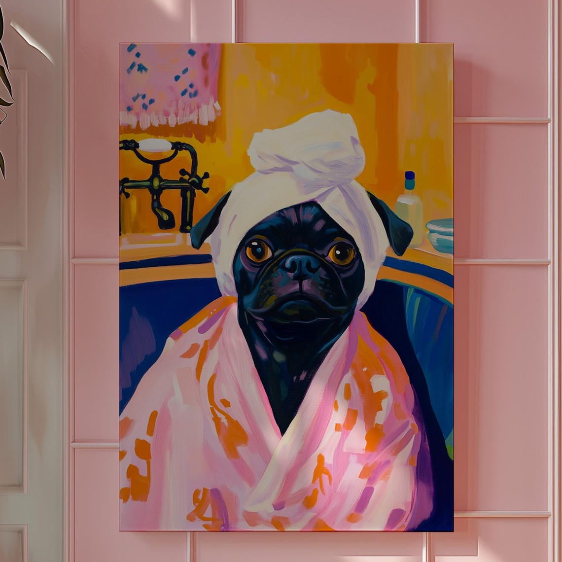 Wall Art, Funny Dog Print, Pug Bathroom Decor, Maximalist Pet Art, Bold ...