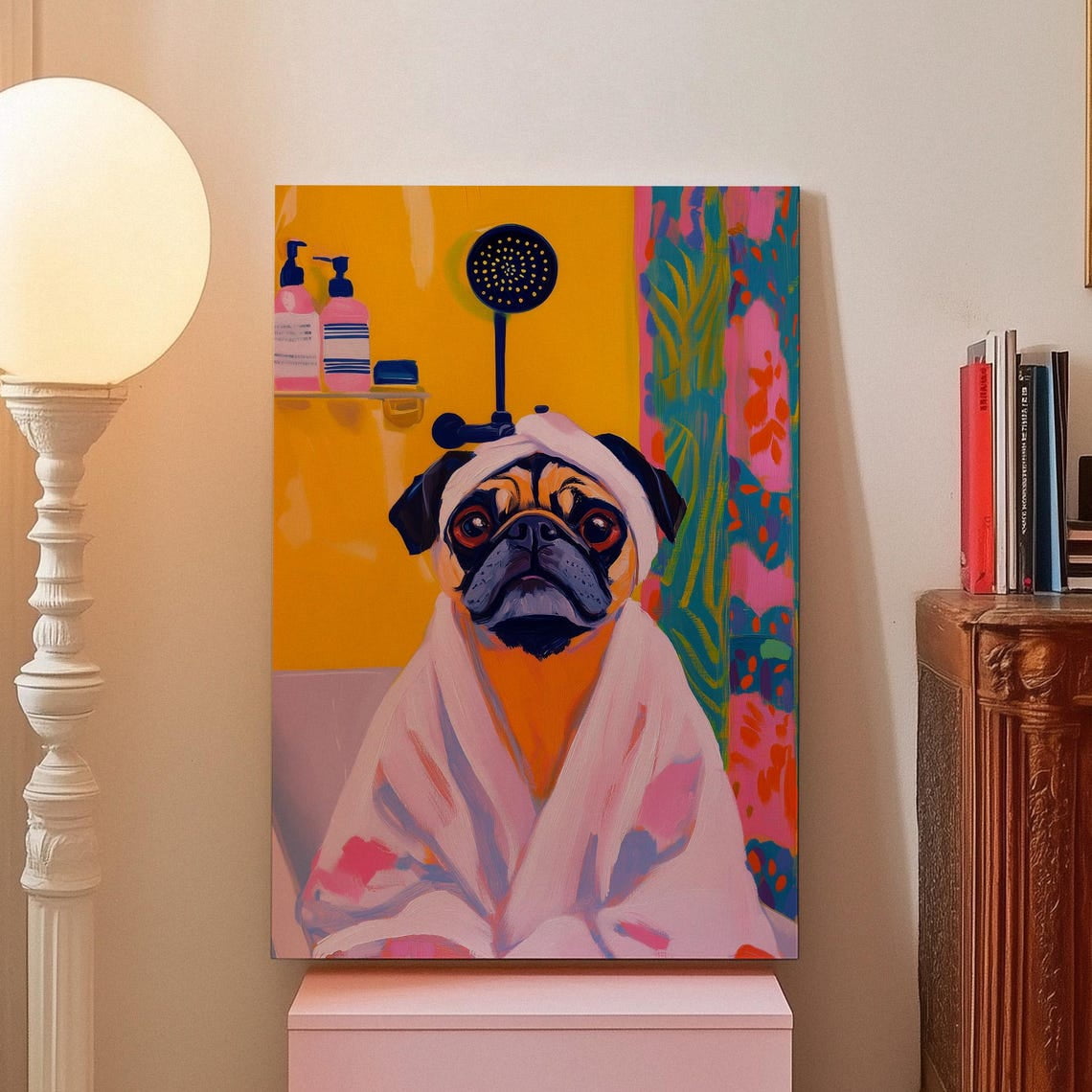 Wall Art, Funny Dog Print, Pug Bathroom Decor, Maximalist Pet Art, Bold ...