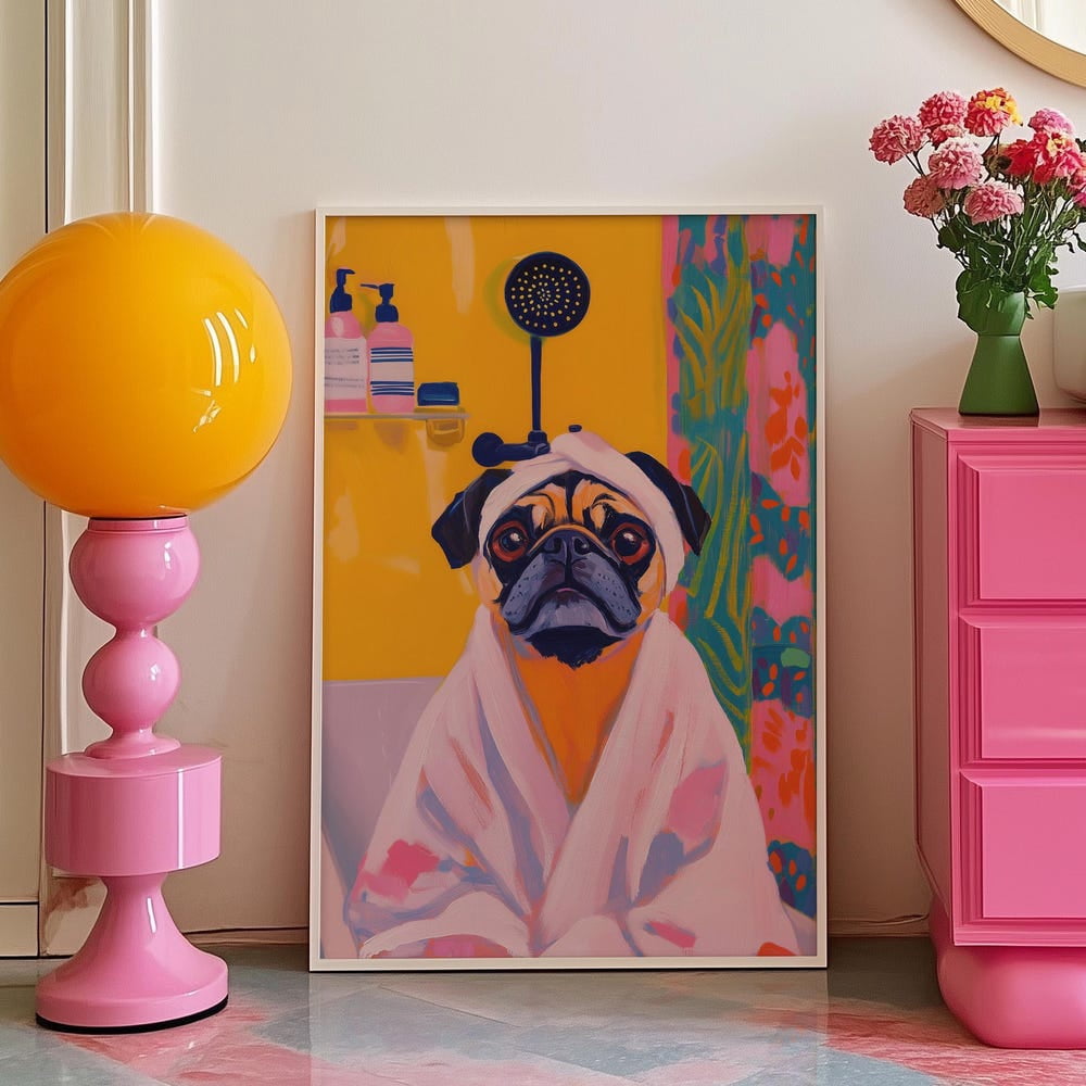 Wall Art, Funny Dog Print, Pug Bathroom Decor, Maximalist Pet Art, Bold ...