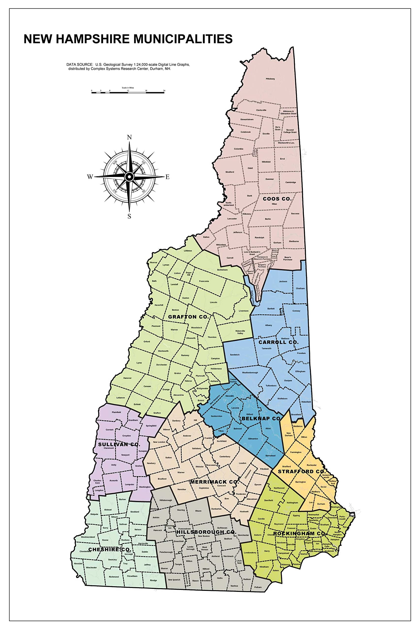 Wall Art Impressions 24x36in New Hampshire Counties Towns and Municipalities【Plain Paper ...