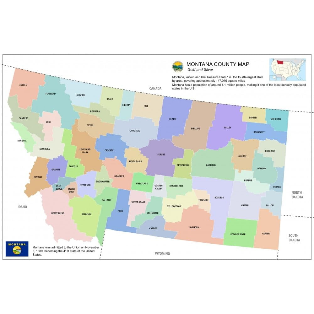 Wall Art Impressions 24x36in Vibrant Montana County Map Poster A ...