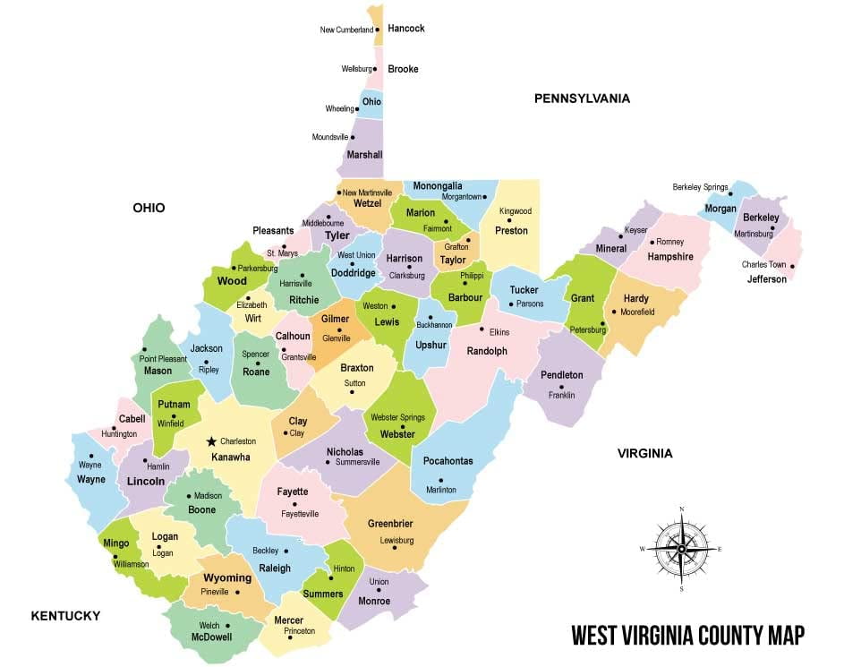 Wall Art Impressions 26x24in State of West Virginia County Map with the ...