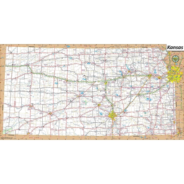 Wall Art Impressions 46x24in Large Detailed Map of Kansas With Cities ...