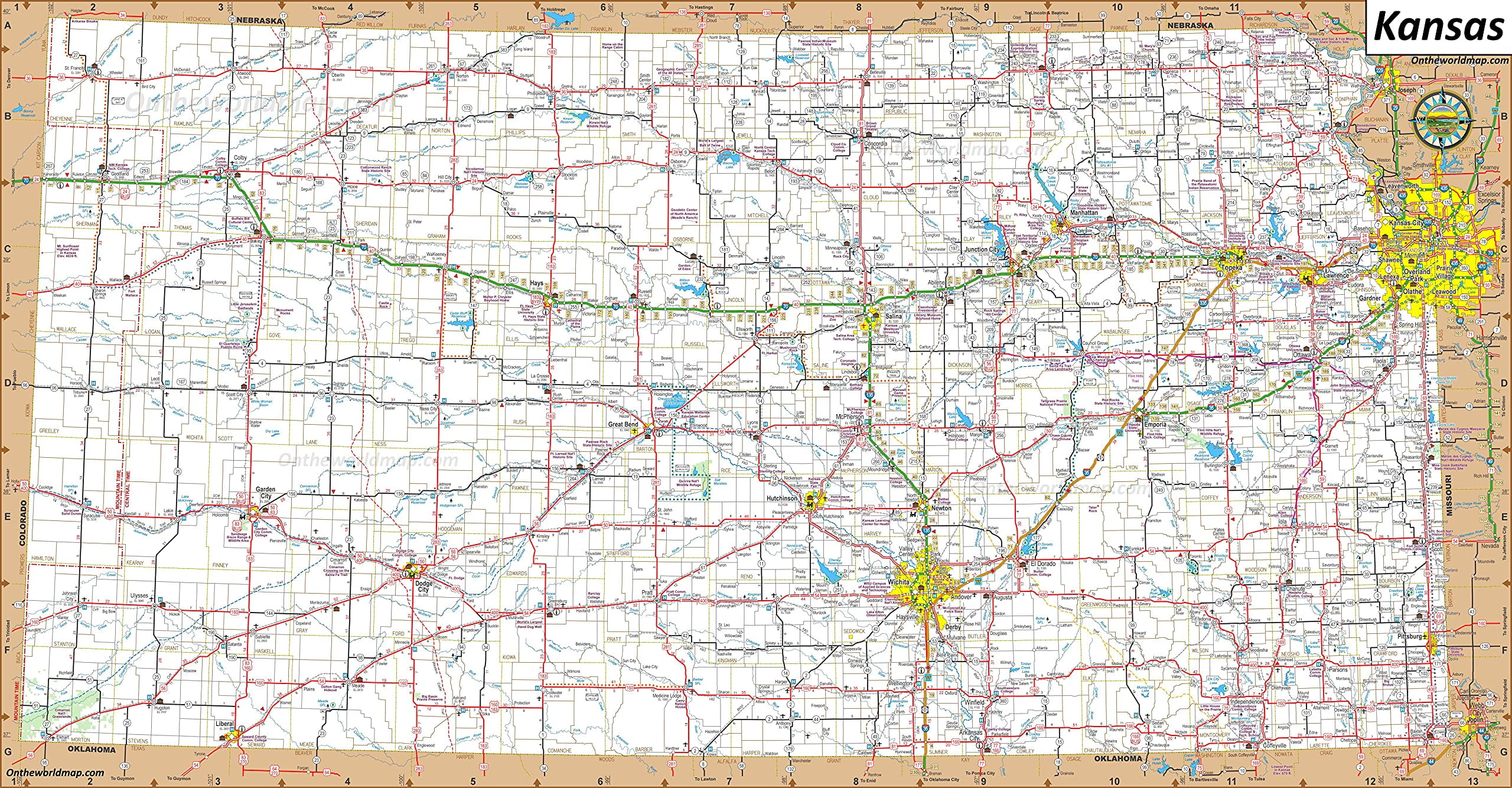 Wall Art Impressions 46x24in Large Detailed Map of Kansas With Cities ...
