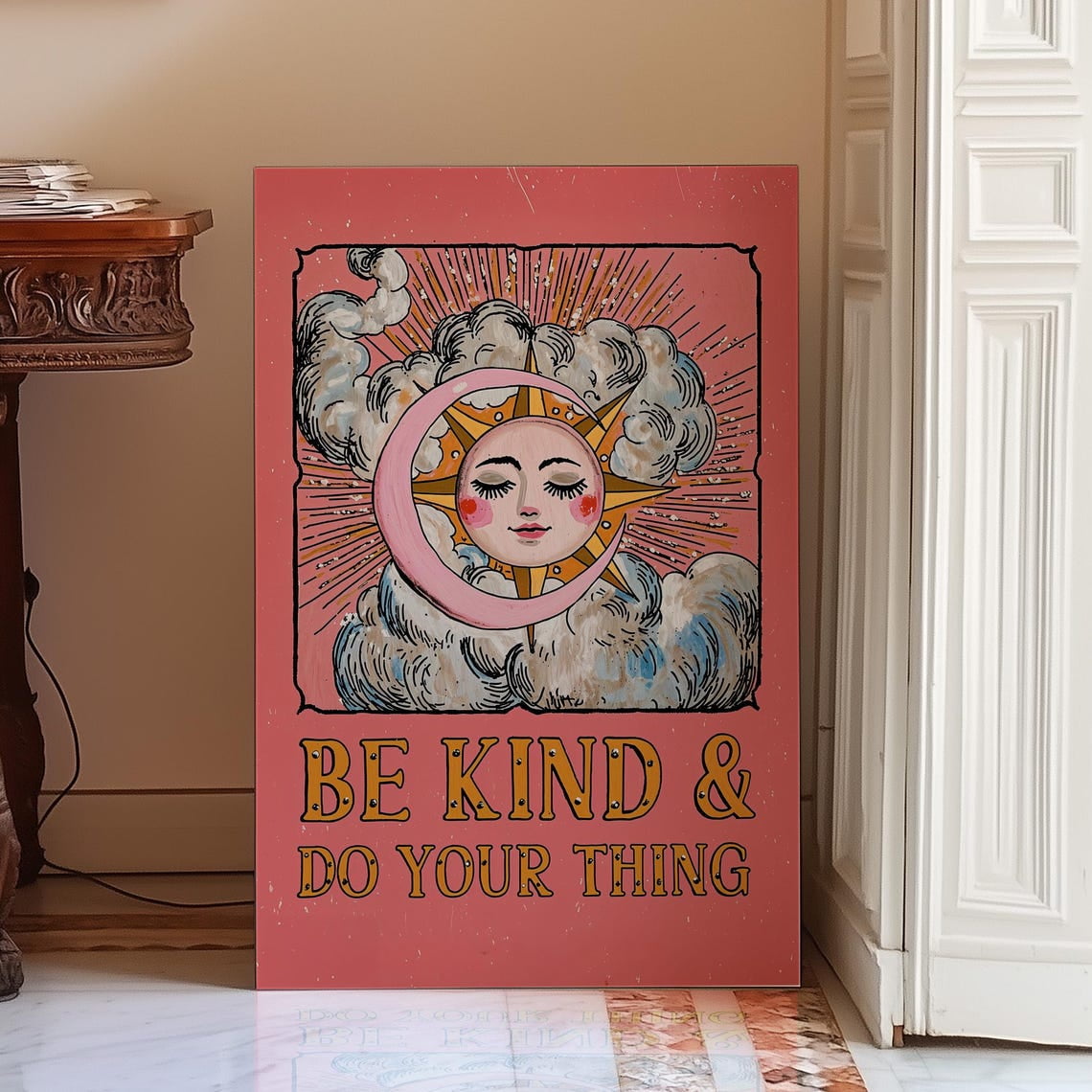 Wall Art, Be Kind Quote Print, Retro Sun Moon Poster, Pink Motivational ...