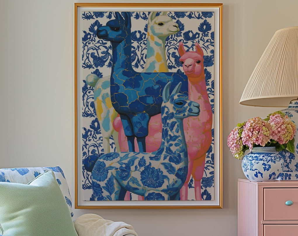 Wall Art, Llama Wall Art Print, Chinoiserie Blue Pink Abstract Animal ...