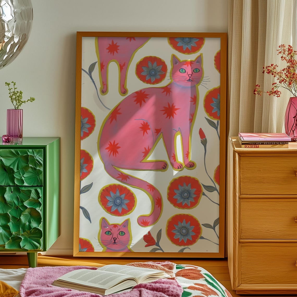 Wall Art, Pink Cat Print, Bold Colorful Animal Poster, Retro Floral ...