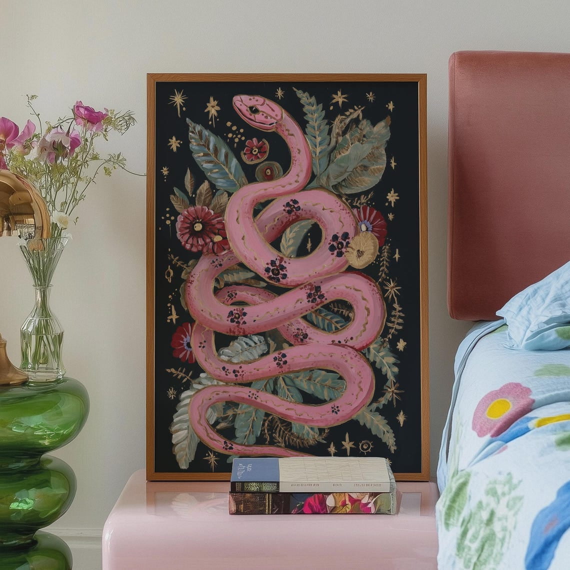 Wall Art, Pink Snake Botanical Print, Witchy Celestial Decor ...