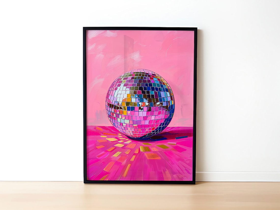 Wall Art, Pinky Disco Ball Maximalist Painting, Bright Pastel Pink ...
