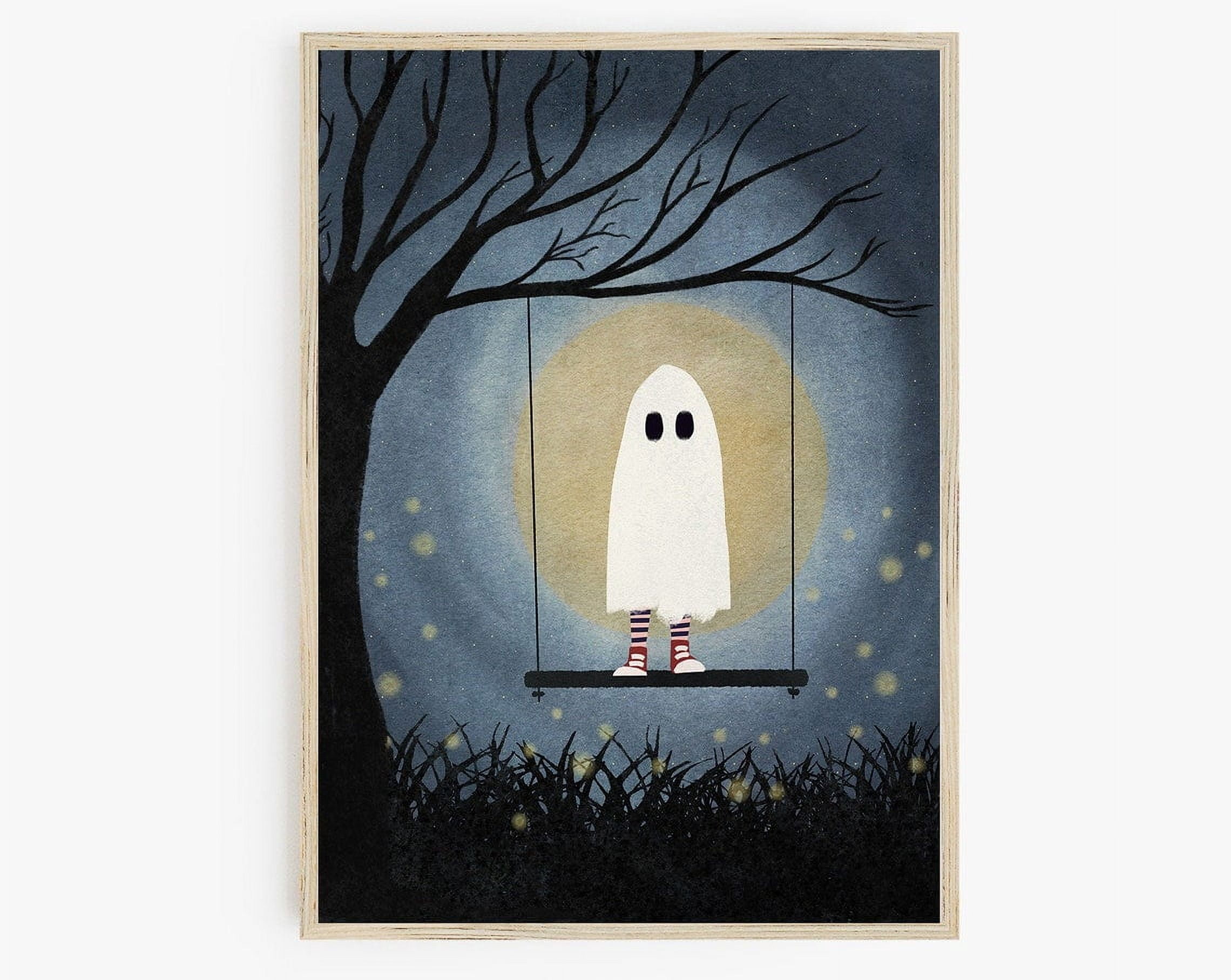 Wall Art Print, Sheet Ghost Print, Cute Ghost On Swing With Full Moon ...