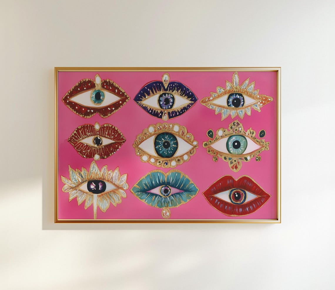 Wall Art, Psychedelic Eye Lips Print, Pink Maximalist Decor, Glam ...