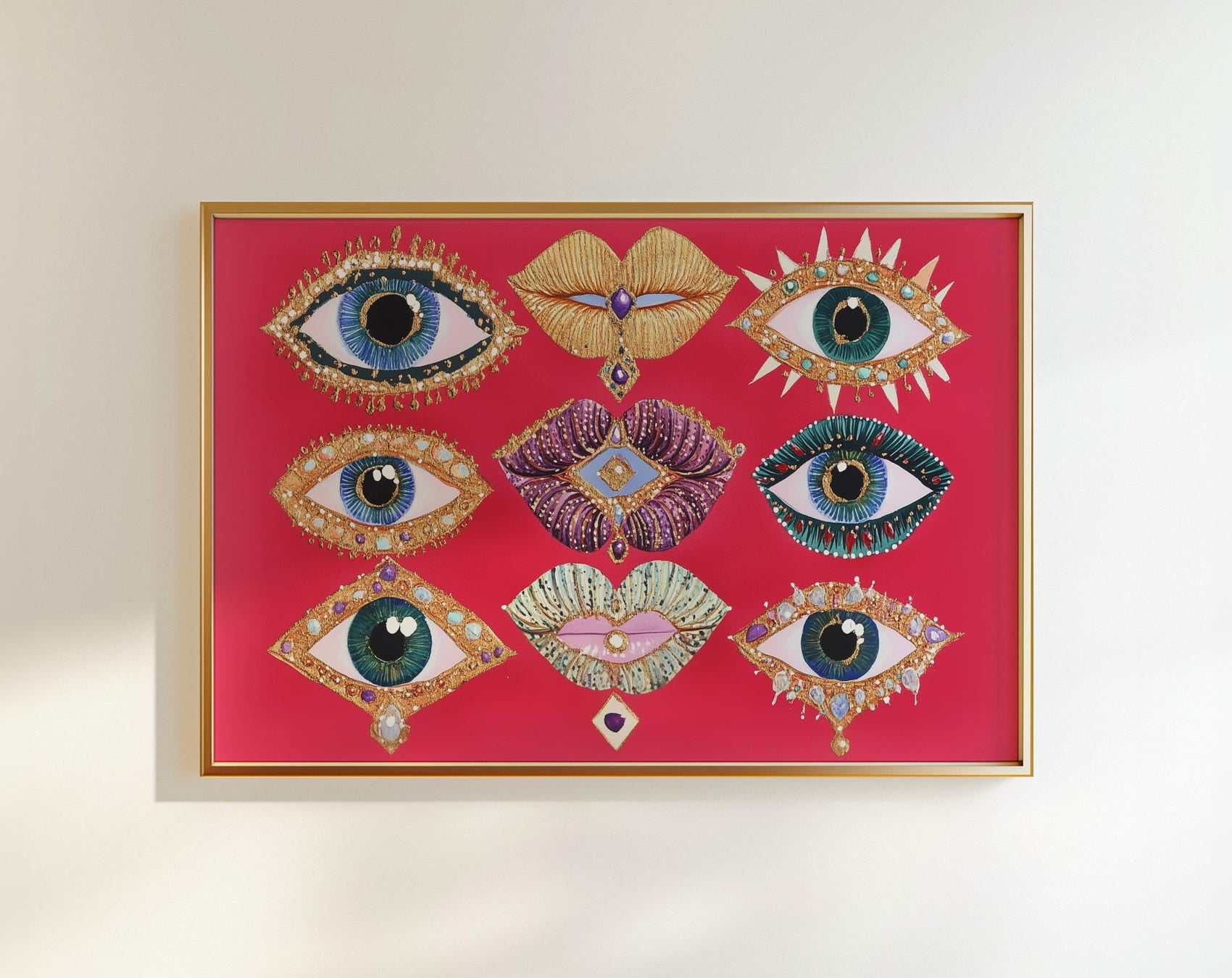 Wall Art, Psychedelic Eye Lips Print, Red Room Decor, Glam Maximalist ...