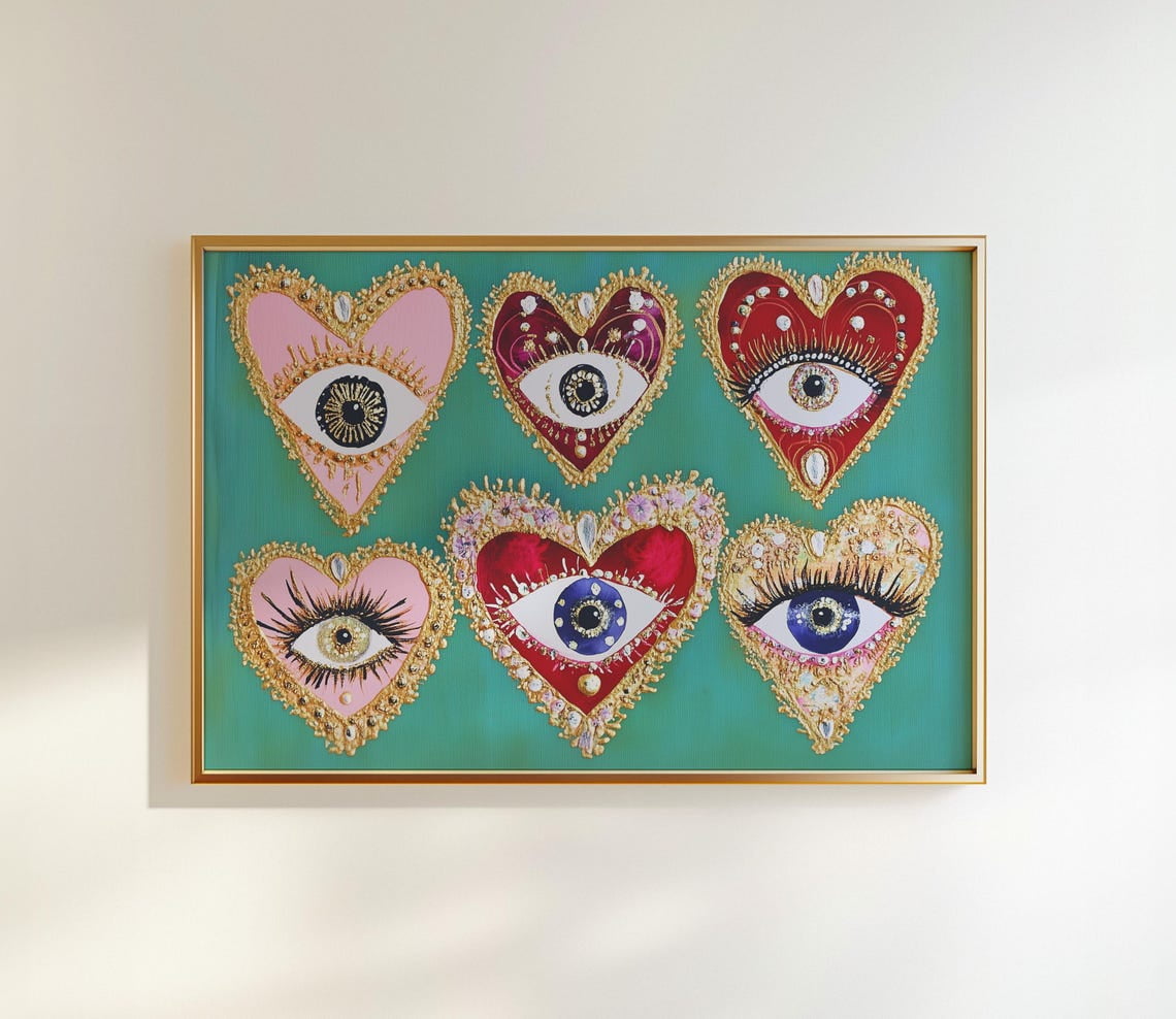 Wall Art, Psychedelic Heart Eye Print, Teal Maximalist Decor, Glam ...
