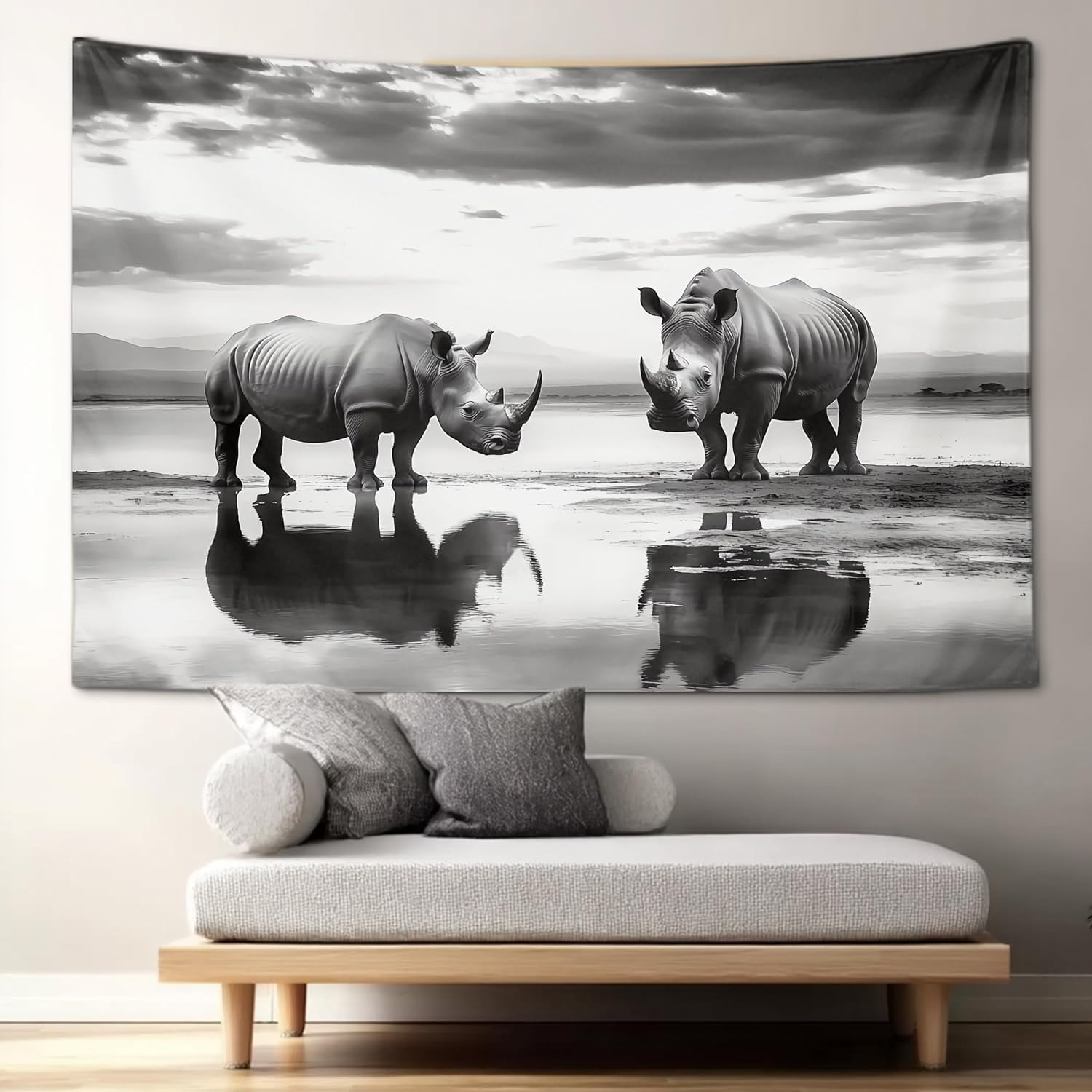Wall Art Rhino Wild Animal Couple White Black Water Reflection Tapestry ...