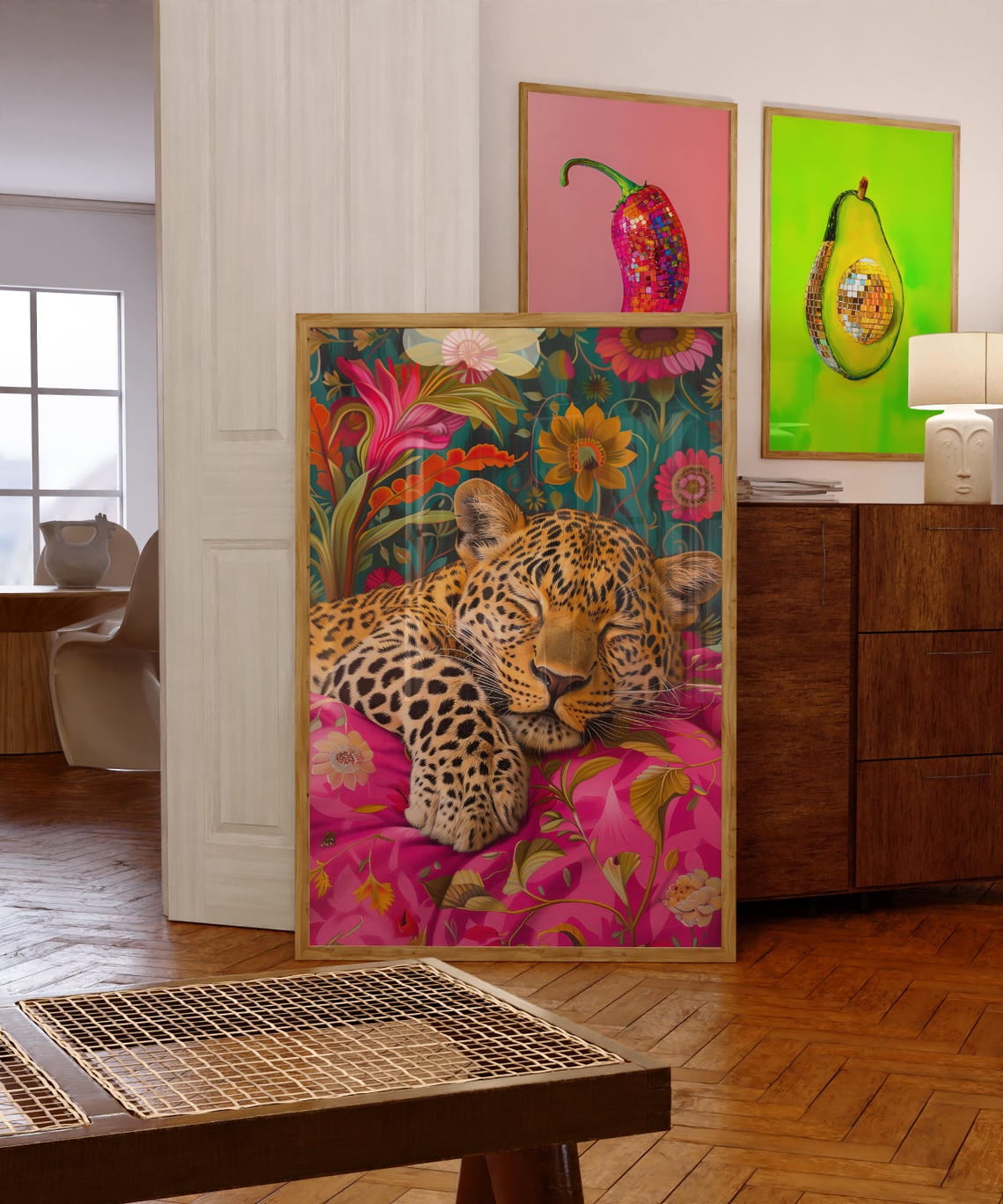Wall Art, Sleeping Leopard Maximalist Oil Painting, Bold Pink Dopamine ...