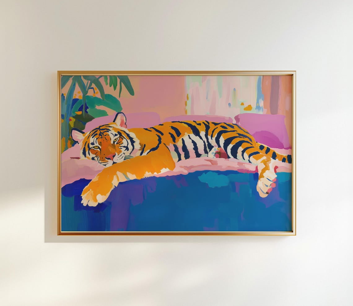 Wall Art, Vibrant Tiger On Pink Bed Poster, Dopamine Bedroom Decor ...