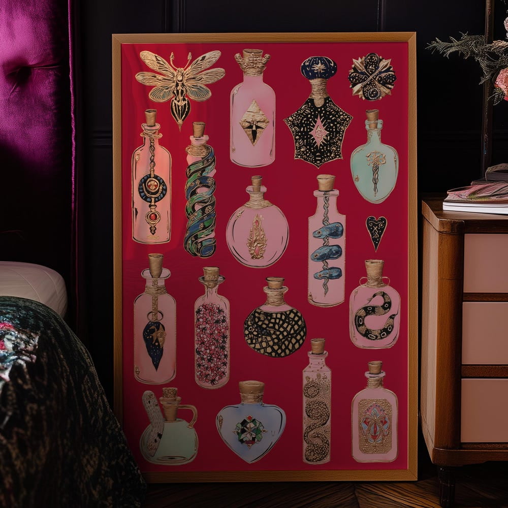 Wall Art, Witchy Potion Bottle Print, Gothic Apothecary Decor, Pink Red ...