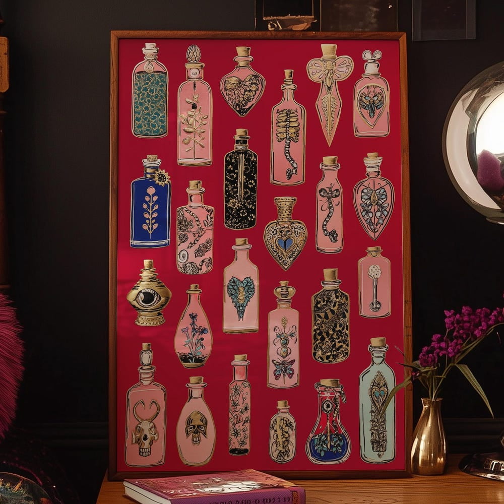 Wall Art, Witchy Potion Bottle Print, Red Pink Goth Apothecary Art ...