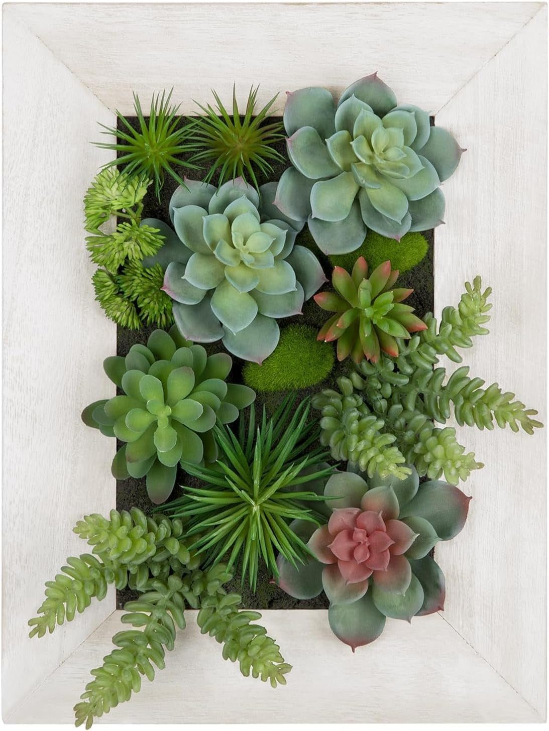 Wall Artificial Plants Decor Fake Succulent Arrangement with Moss and Rectangle Wooden White ...
