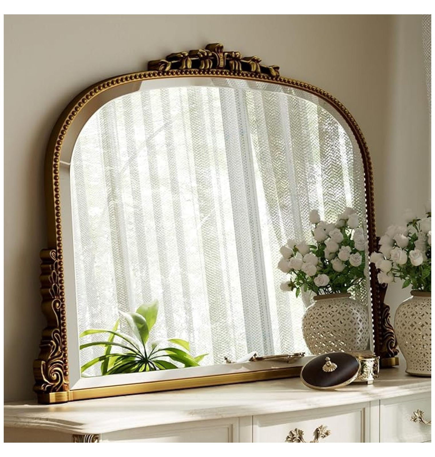 Wall Beaded Mirror, 44 x 32 Inch Round Top Right Angle Wall Mirror ...