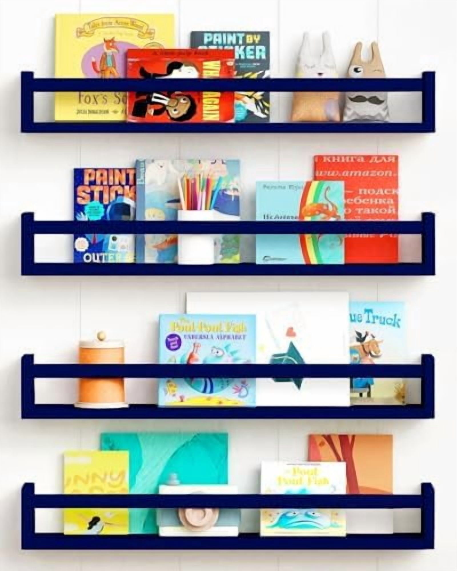 Wall Book Shelf Organizer for Kids Room Set of 4, Large Floating Book ...