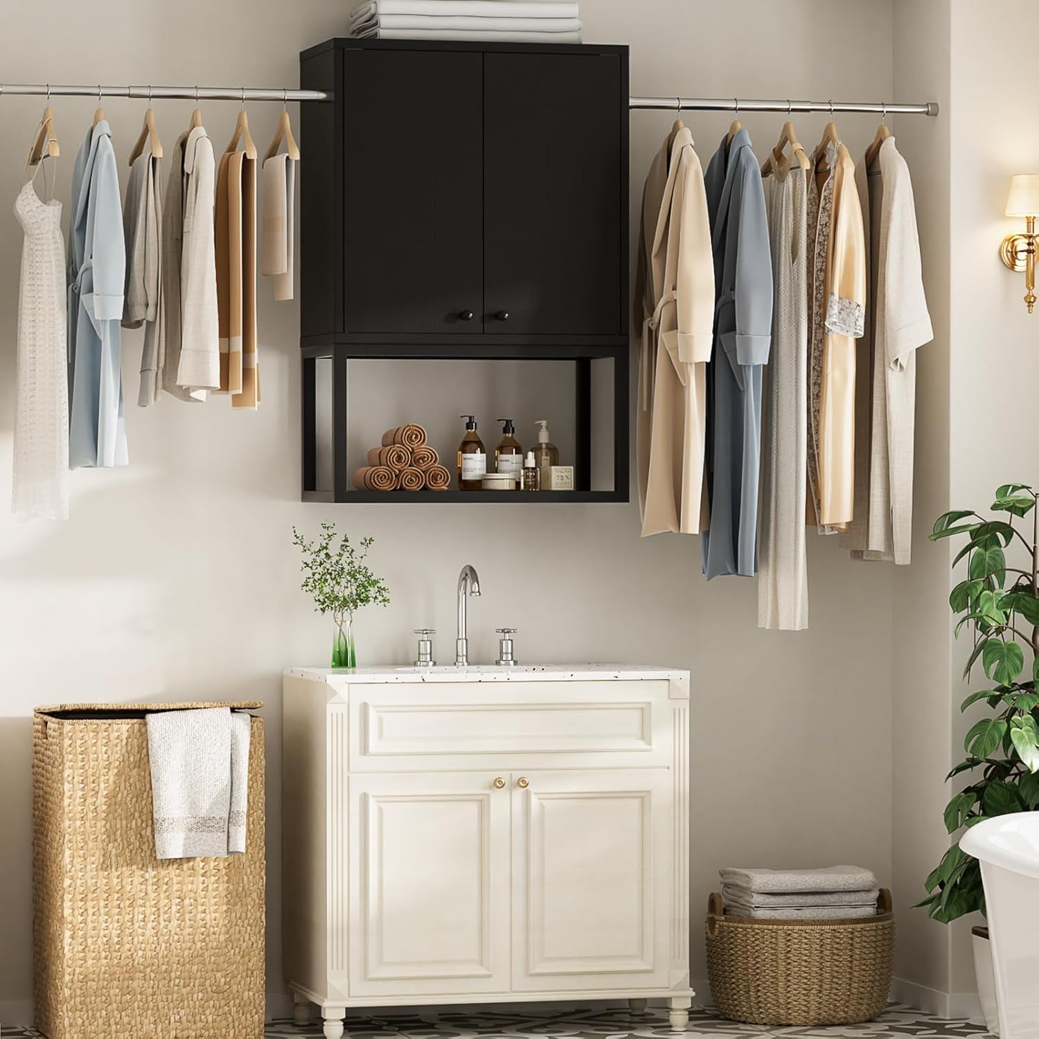 Wall Cabinet with 2 Hanging Rods, 67'' Wide Laundry Wall Cabinet with 2 ...