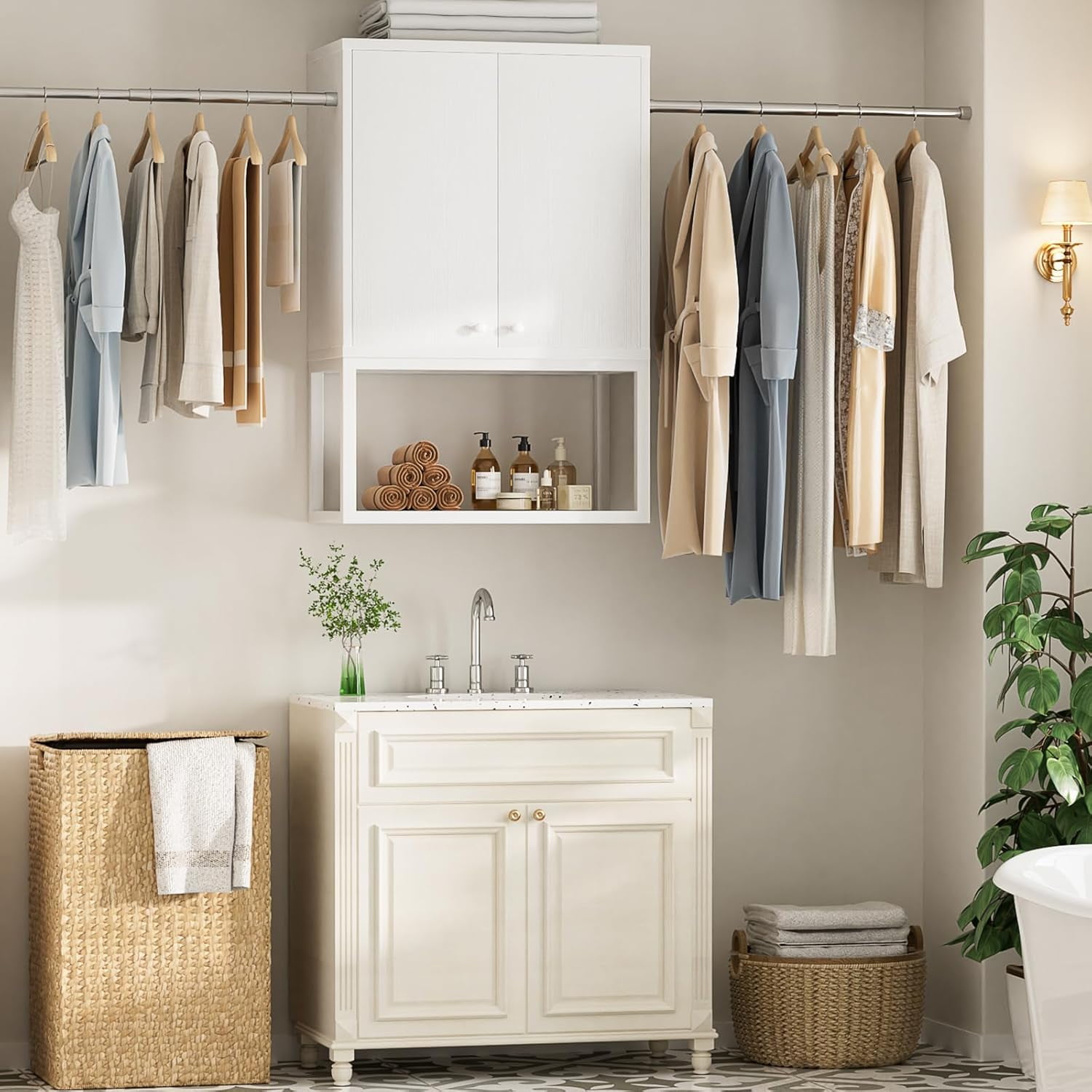 Wall Cabinet with 2 Hanging Rods, 67'' Wide Laundry Wall Cabinet with 2 ...