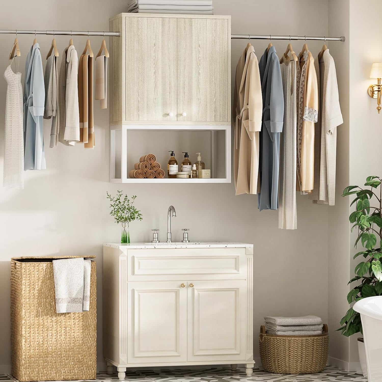 Wall Cabinet with 2 Hanging Rods, 67'' Wide Laundry Wall Cabinet with 2 ...