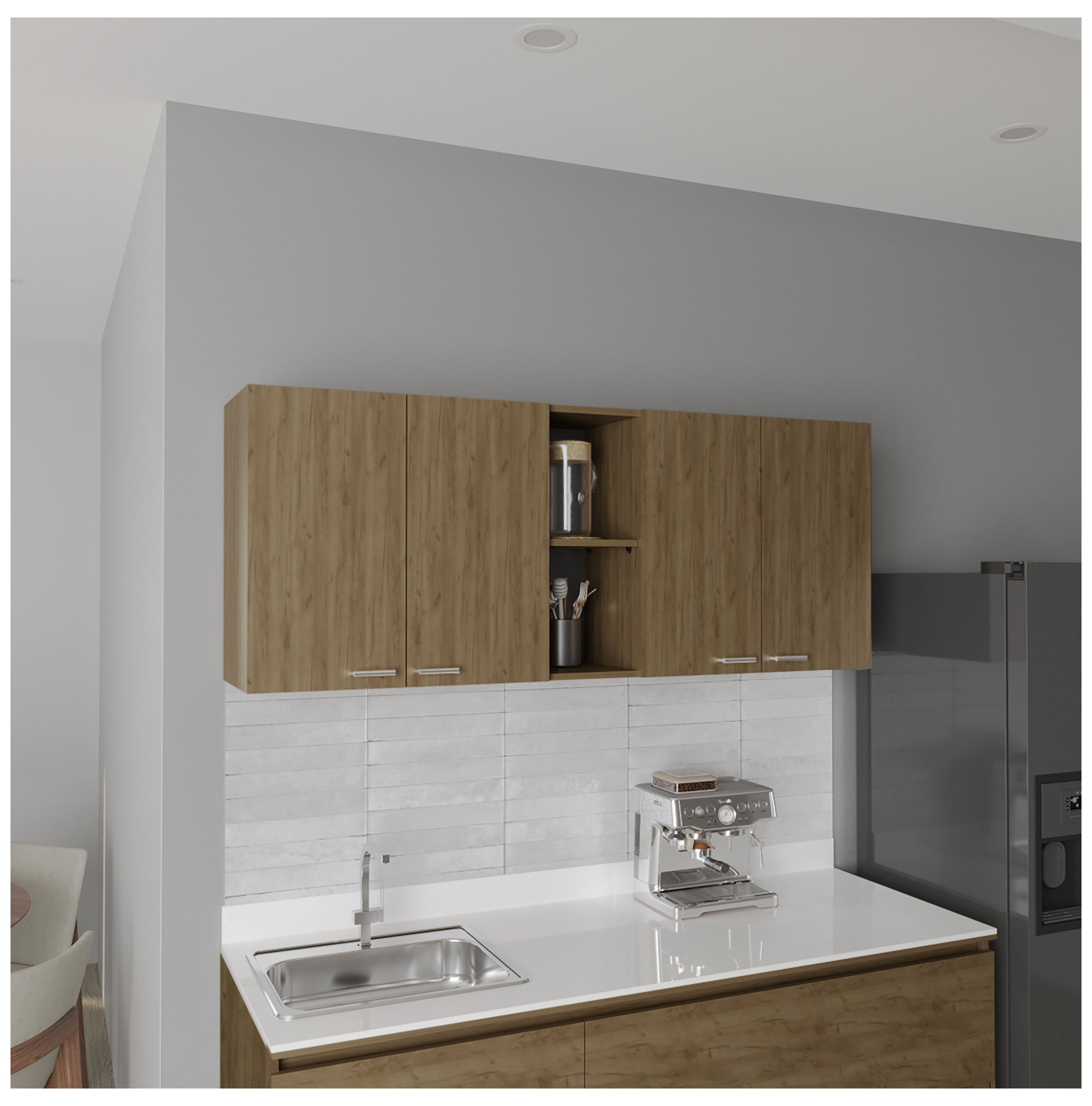 Wall Cabinet 24" H, Four Doors, Two Open Storage Shelves, Two Internal ...