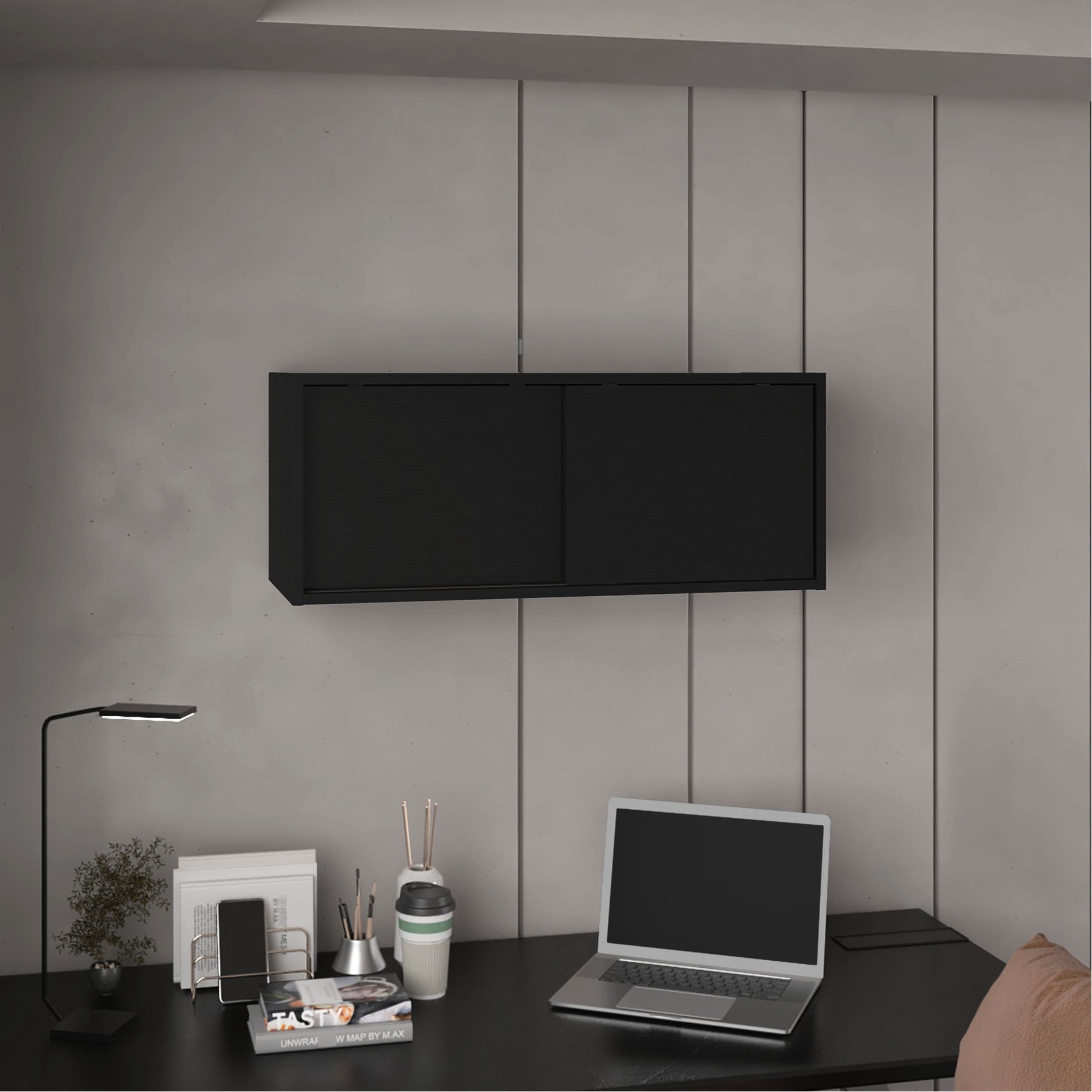 Wall Cabinet With Sliding Doors - 32"w X 13"h, Black, For Bedroom ...