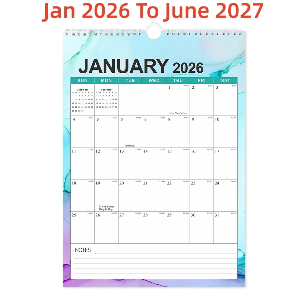 Calendar for Wall, Jan 2026- June 2027 , Blocks and Julian Dates, 12" x ...