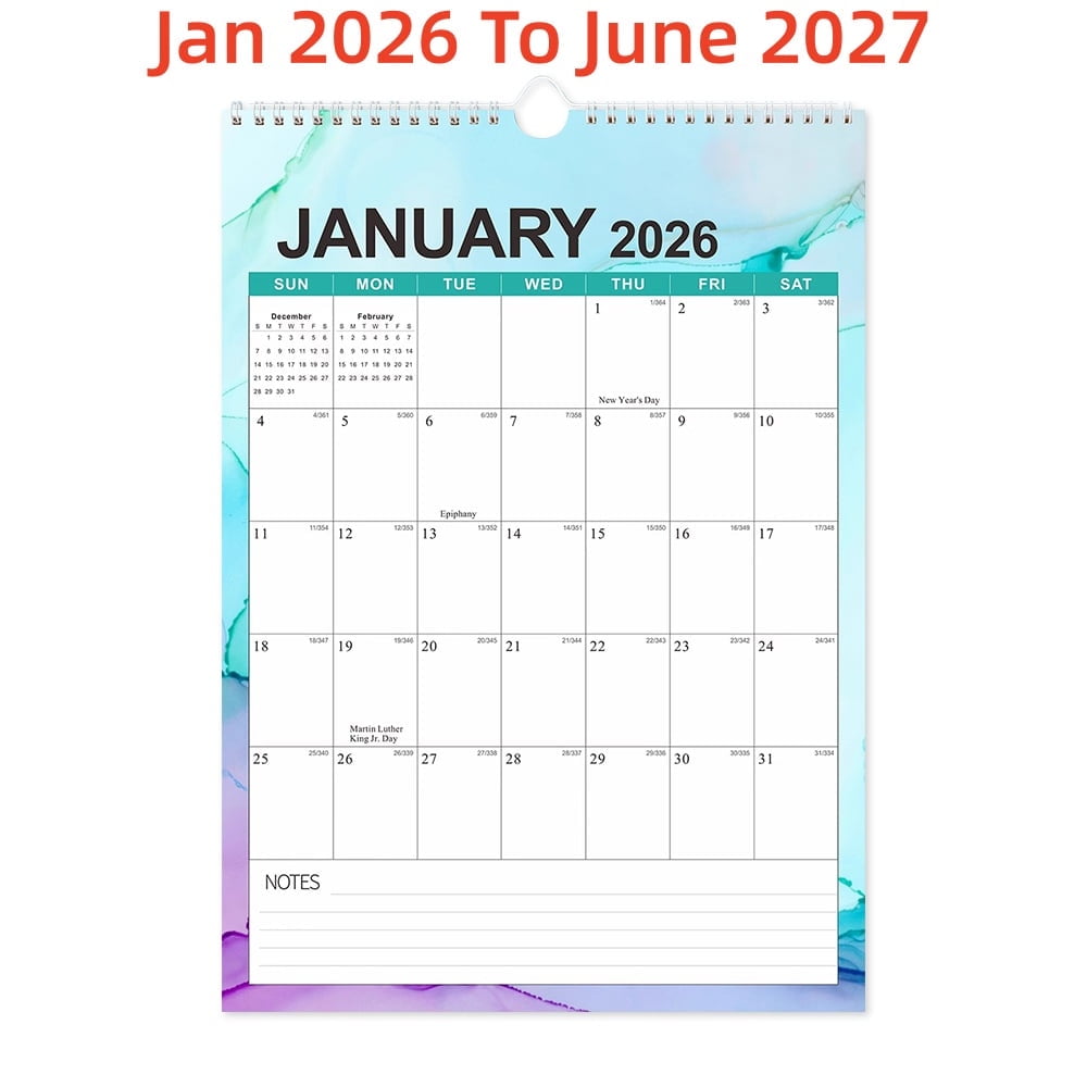 Calendar for Wall, Jan 2026- June 2027 , Blocks and Julian Dates, 12" x ...
